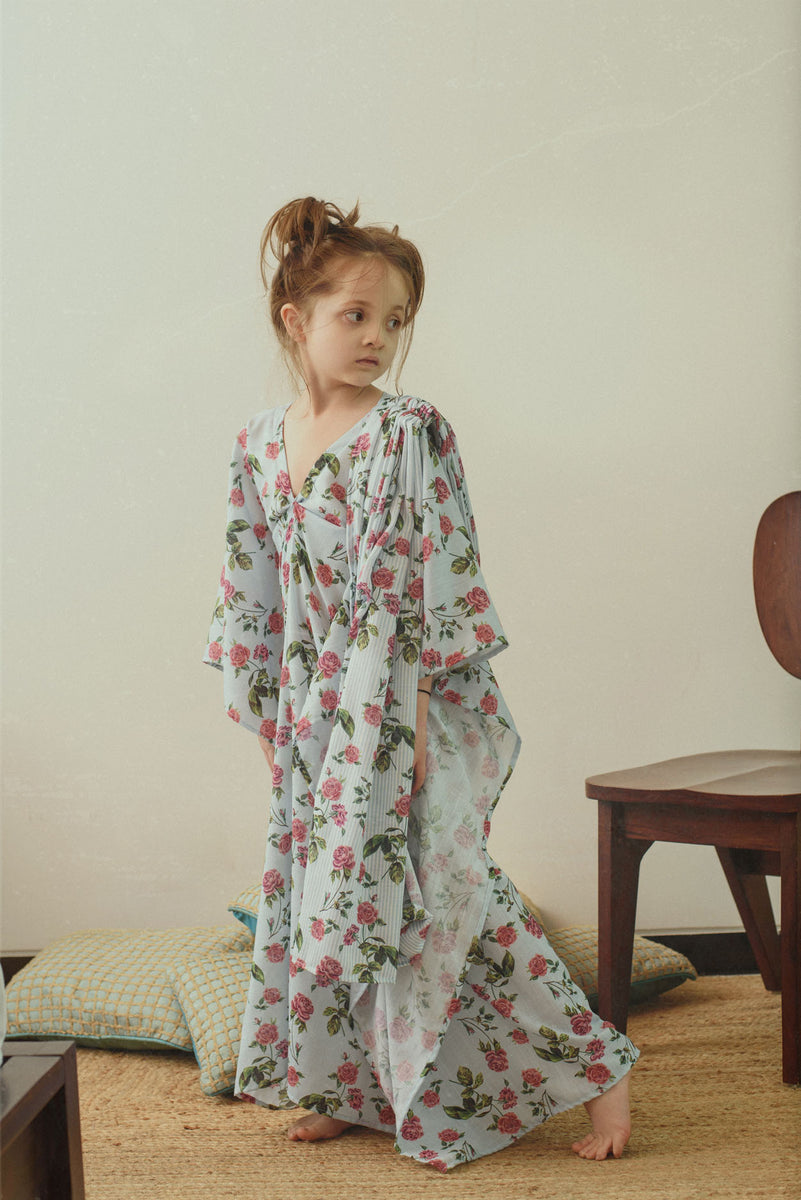 Iceberg Blue Kaftan Saree Mother Daughter Set – Pasha India