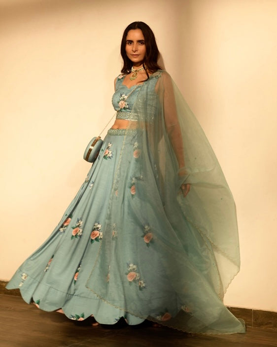 Dusty Teal Sequins Kali Lehenga Set – Pasha India